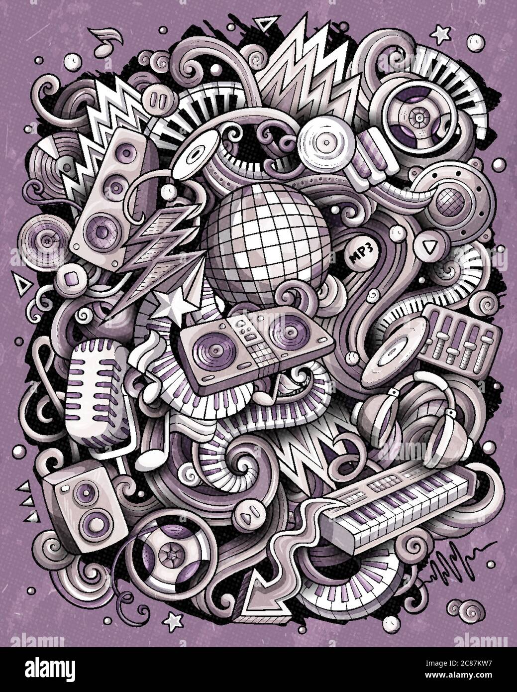 Cartoon vector doodles Disco music illustration. Toned musical funny ...