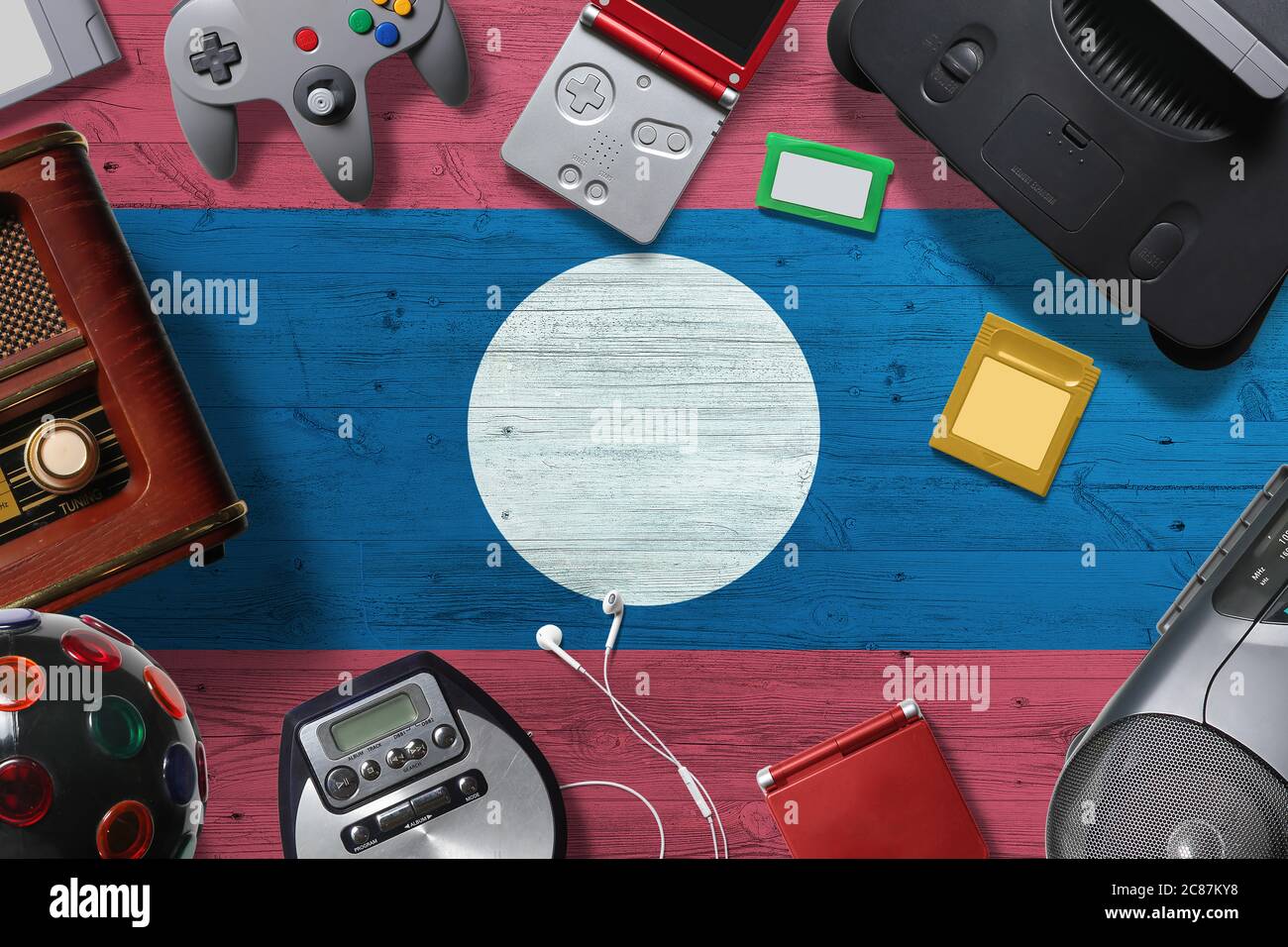 Laos retro gaming concept. A collection of retro video game controllers ...