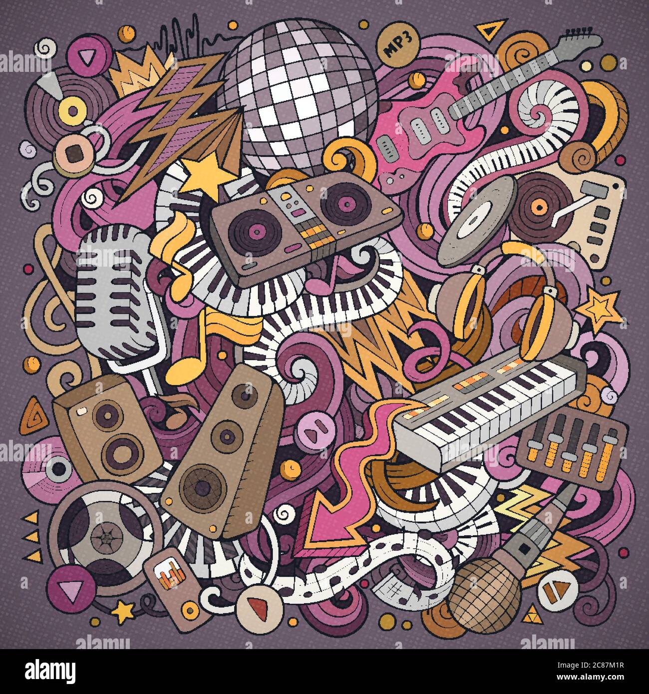 Cartoon vector doodles Disco music illustration. Colorful, detailed ...