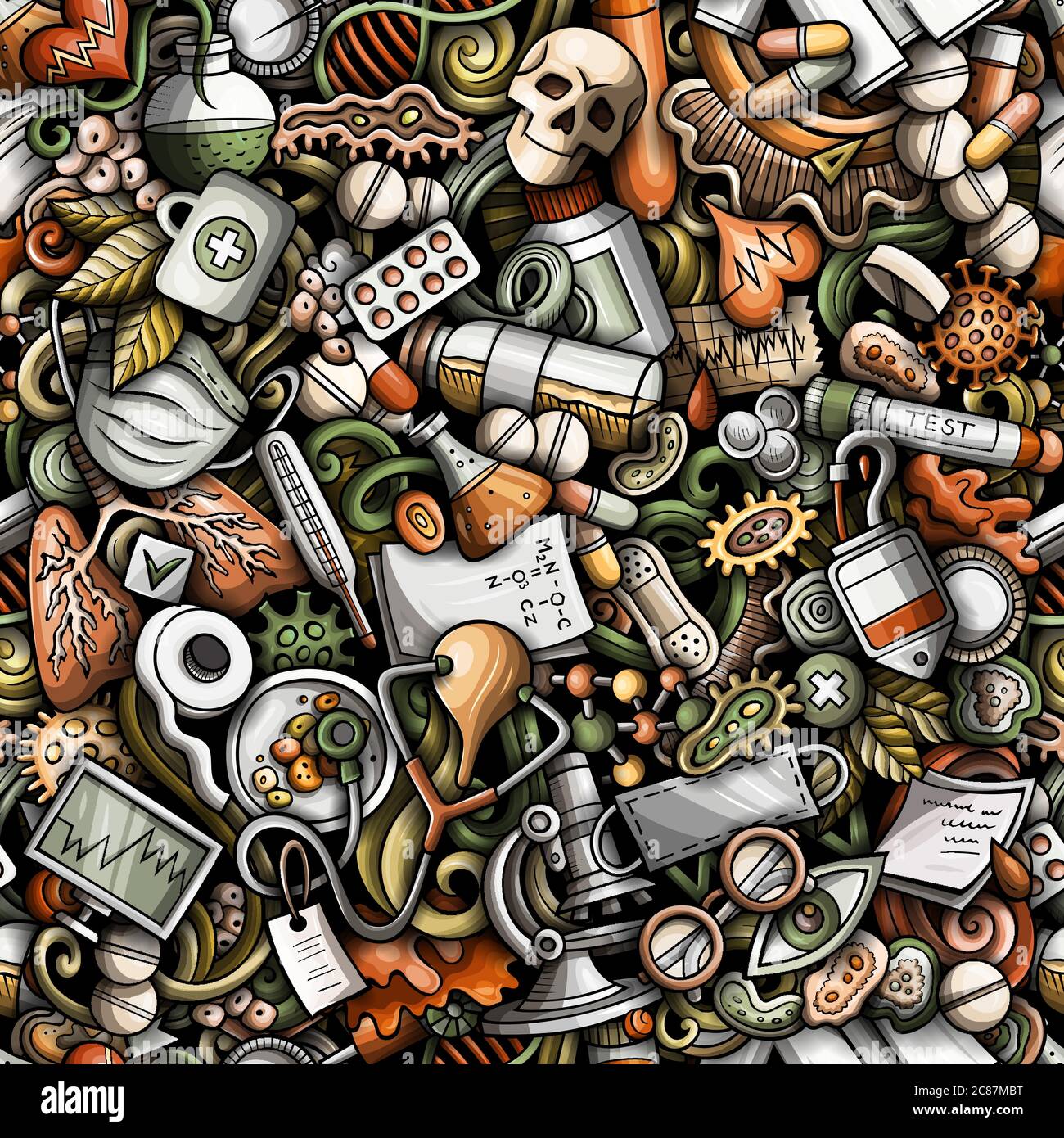 Cartoon cute doodles hand drawn Medicine seamless pattern Stock Vector ...