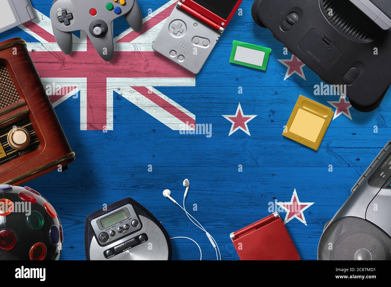 New Zealand retro gaming concept. A collection of retro video game ...