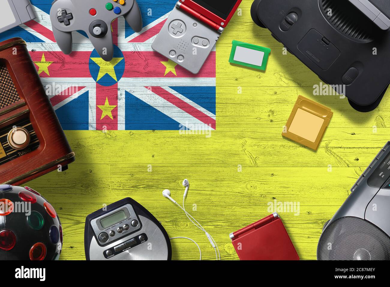 Niue retro gaming concept. A collection of retro video game controllers ...