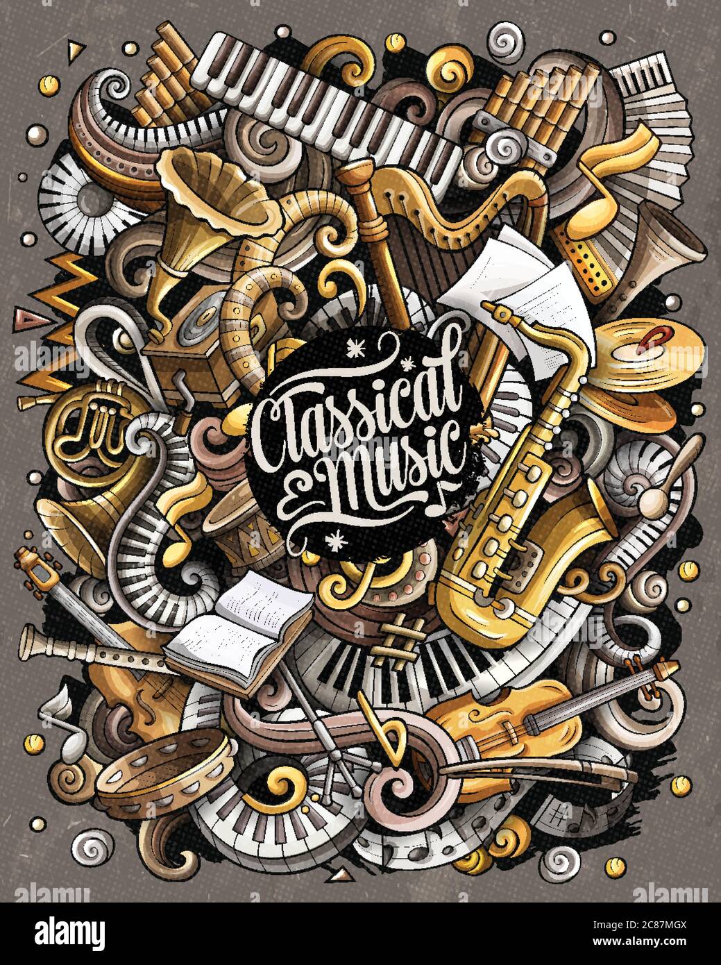 Cartoon vector doodles Classic music illustration. Bright colors ...
