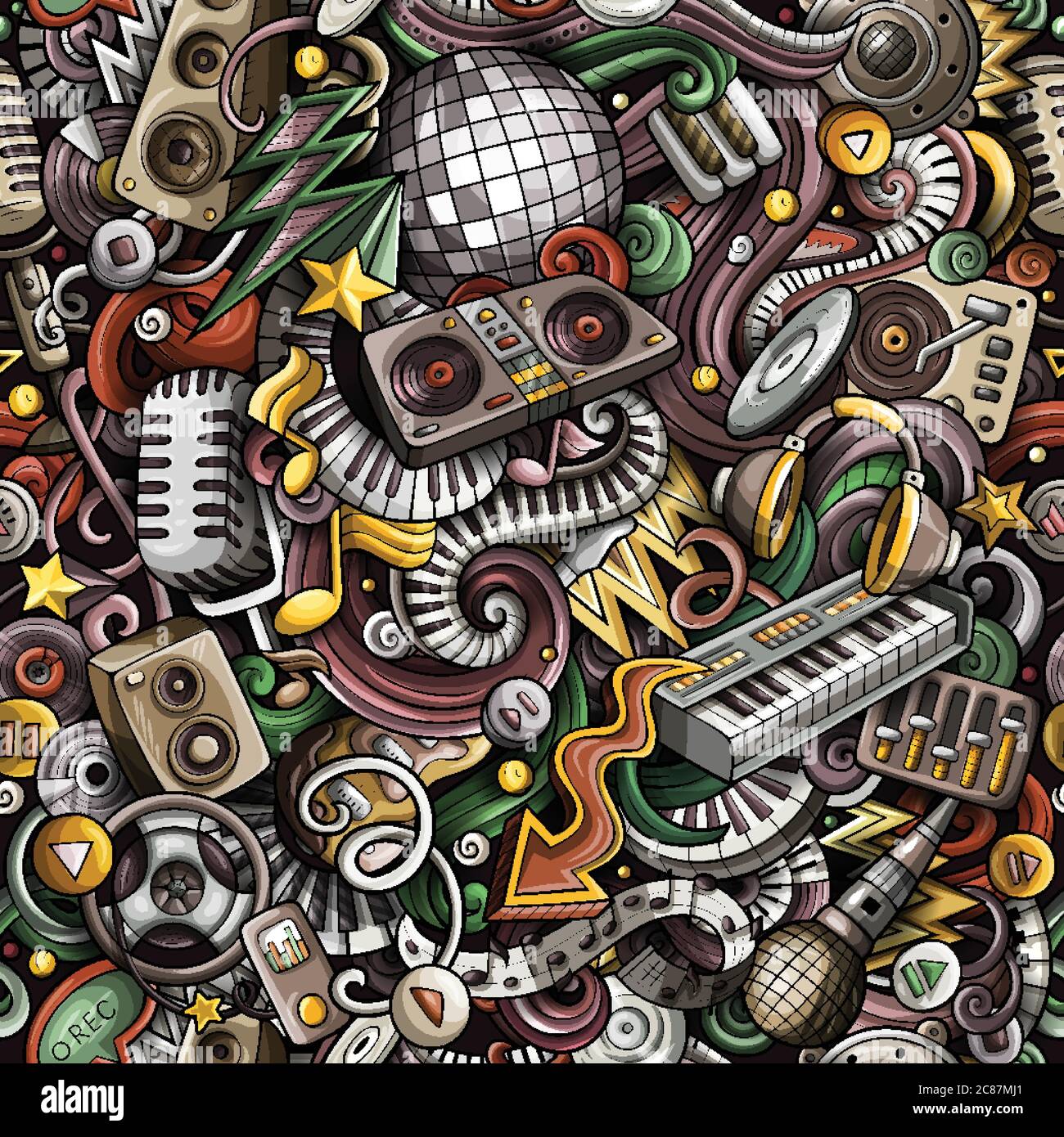 Cartoon cute doodles Disco music seamless pattern Stock Vector Image ...