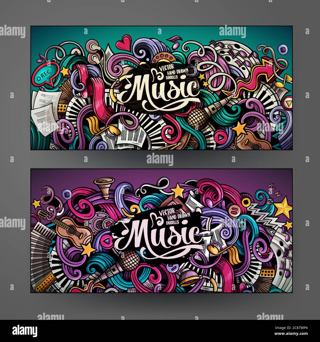 Cartoon hand-drawn doodles Musical banners Stock Vector Image & Art - Alamy