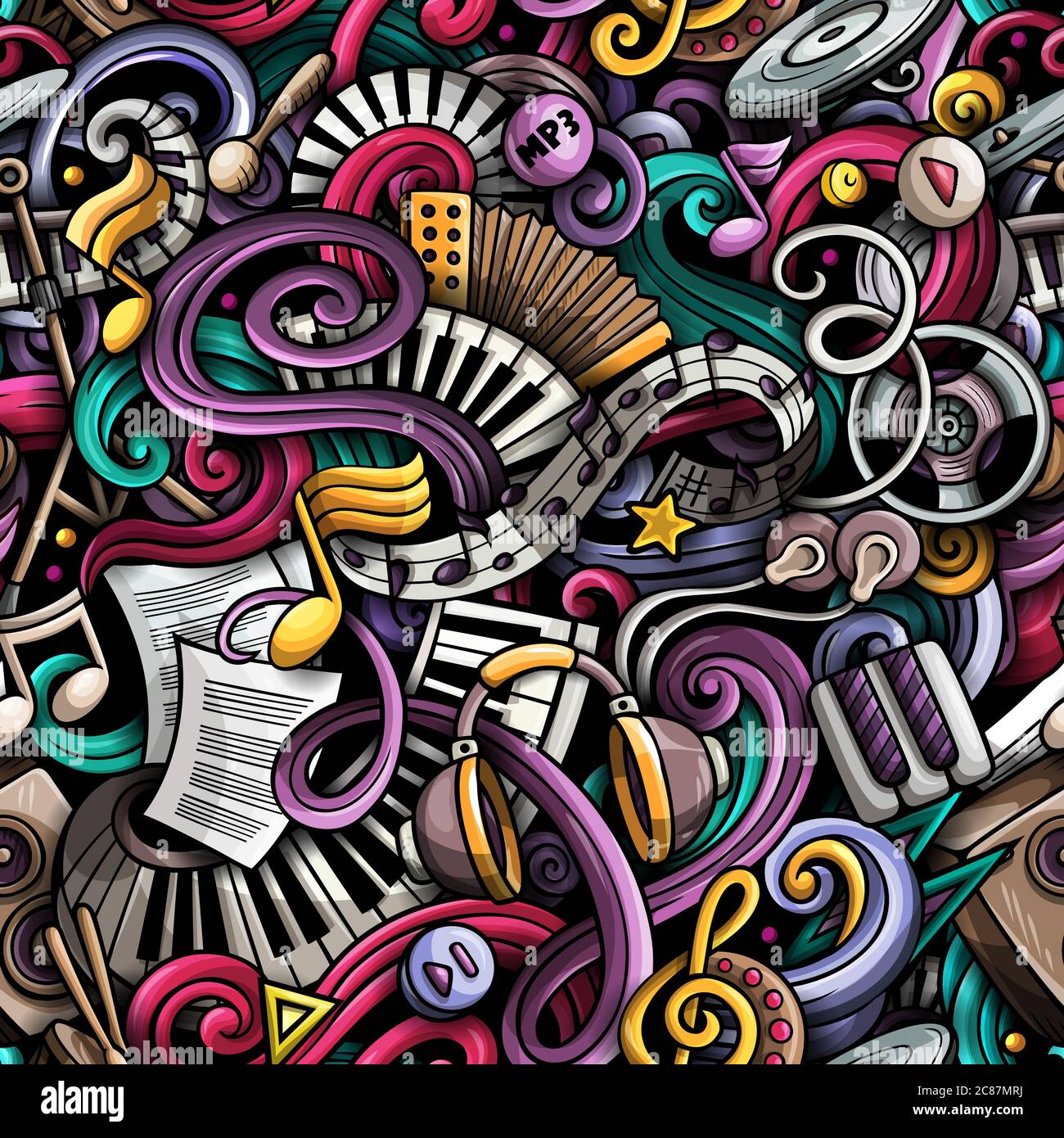 Music hand drawn doodles seamless pattern. Musical instruments ...