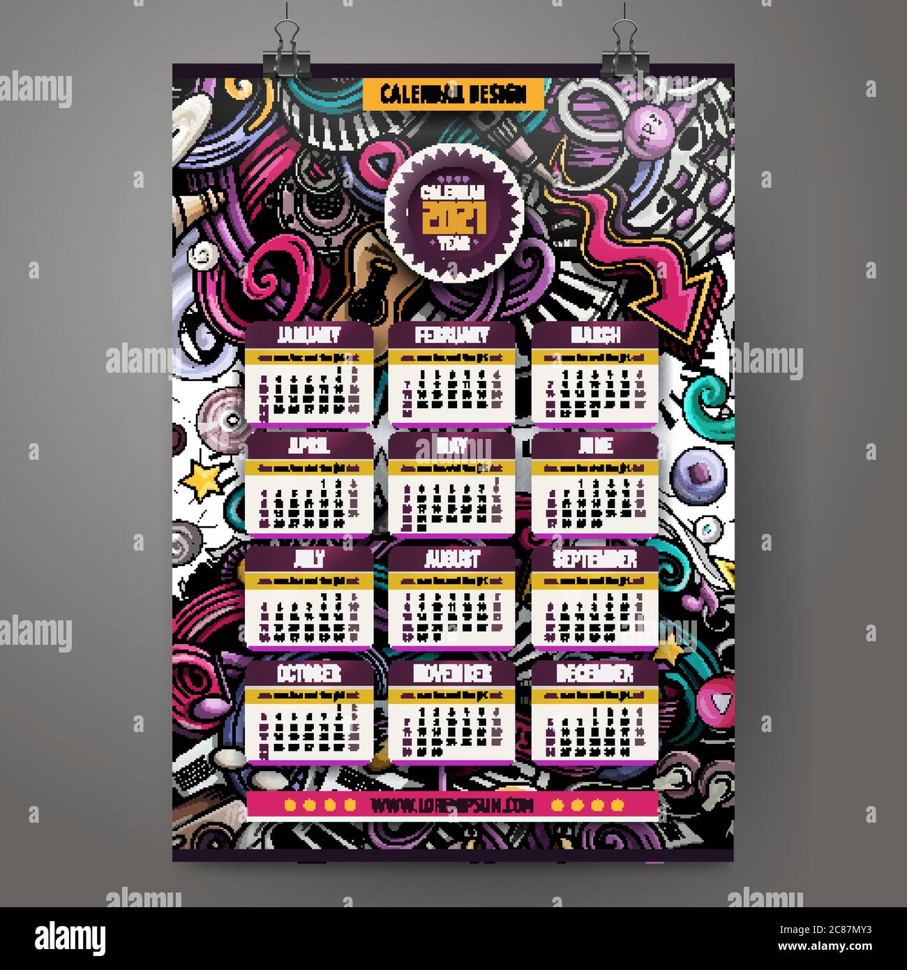 Cartoon colorful hand drawn doodles Musical 2021 year calendar template ...