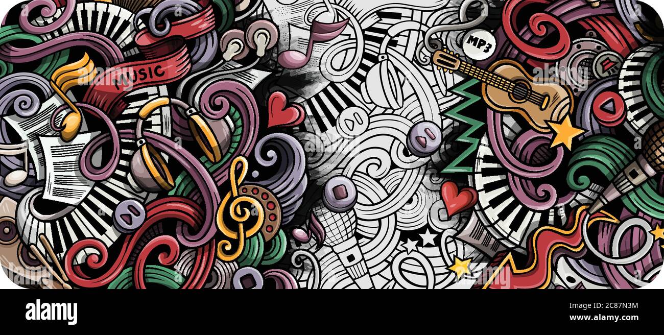 Music hand drawn doodle banner. Cartoon detailed illustrations Stock ...