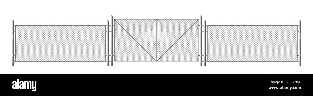 Wire fence, grid with gate. Three segments silver colored fencing ...