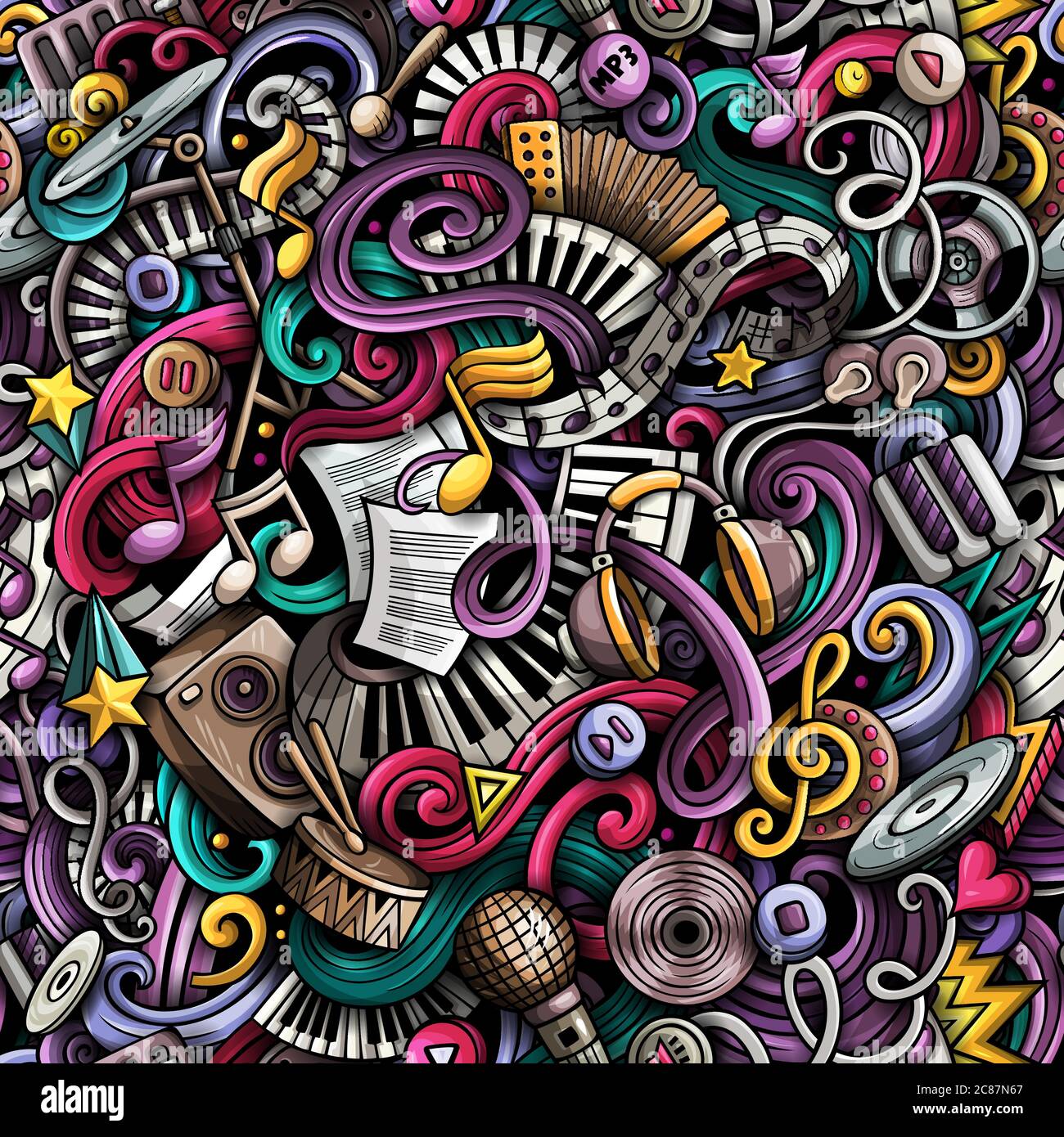 Music hand drawn doodles seamless pattern. Musical instruments ...