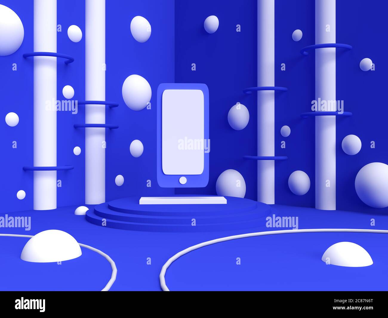 3d render mobile phone with blank screen on cylinder stand .Purple ...