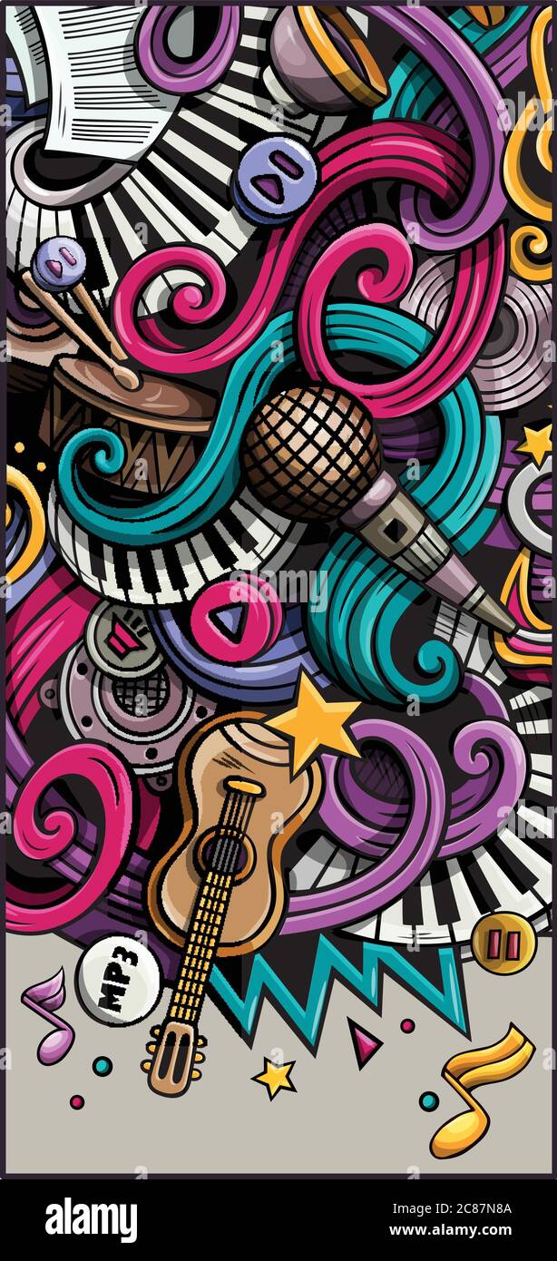 Music hand drawn doodle banner. Cartoon detailed illustrations Stock ...