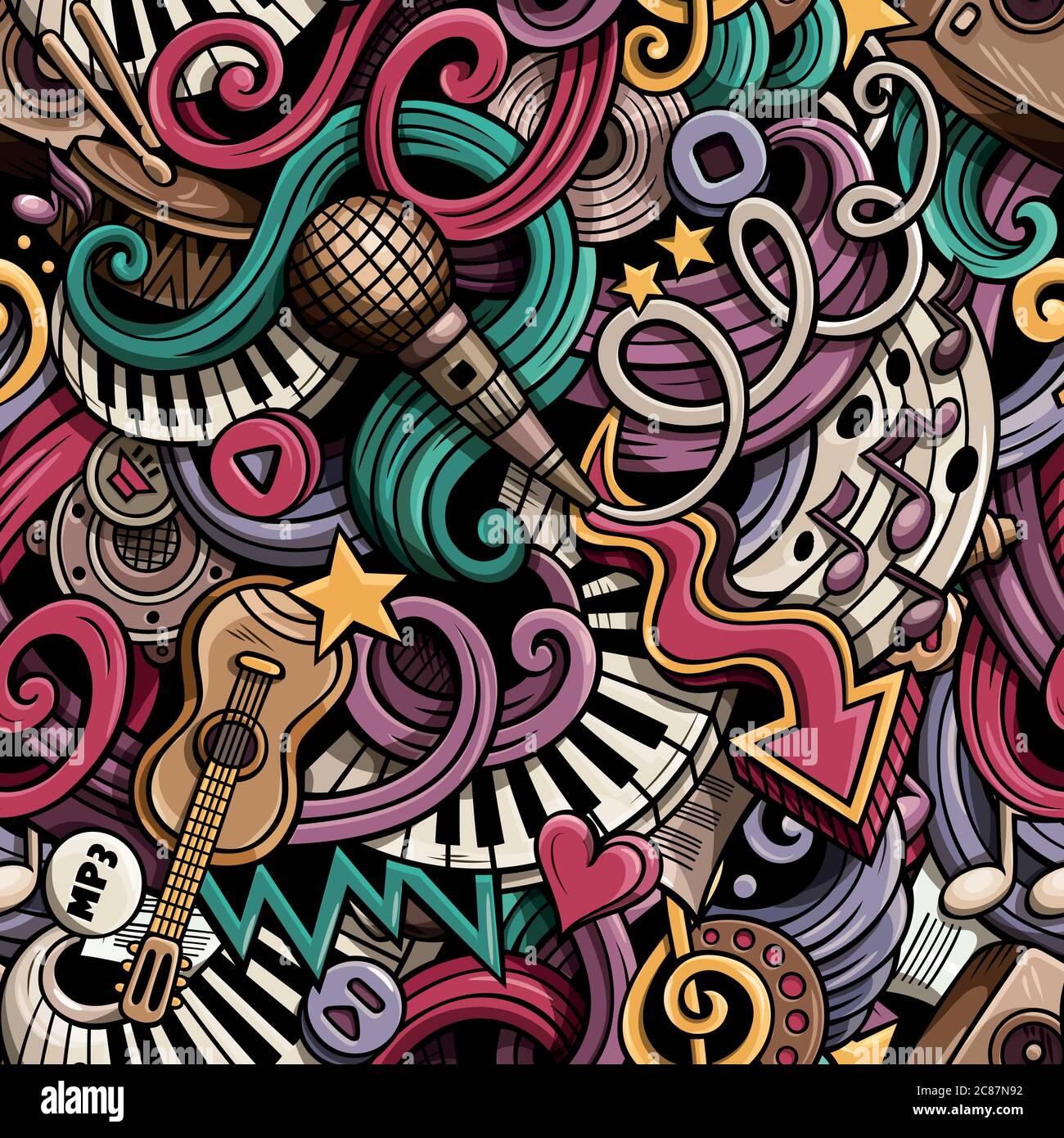 Cartoon hand drawn doodles Music seamless pattern Stock Vector Image ...