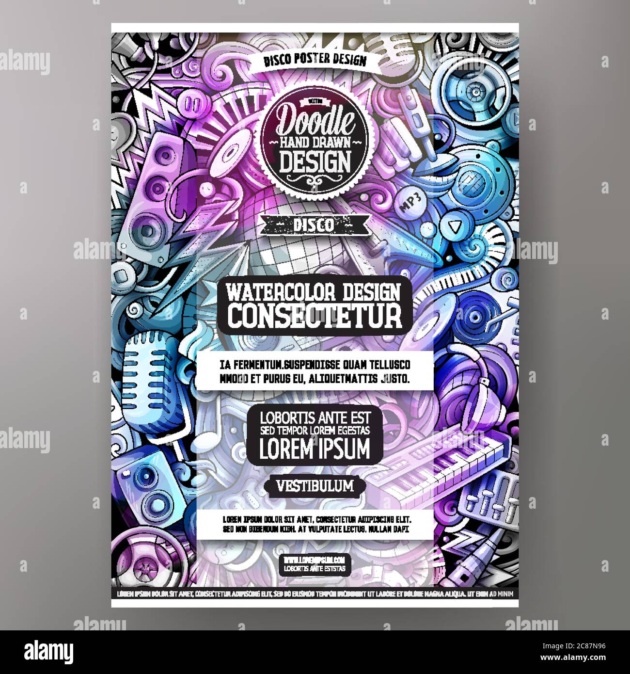 Cartoon watercolor hand drawn doodles Disco music poster design Stock ...