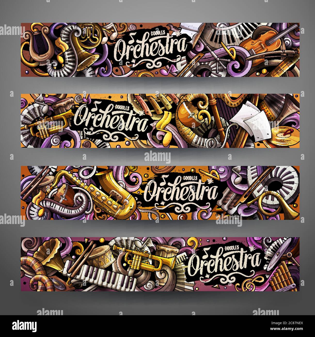 Cartoon cute colorful vector hand drawn doodles Classic music banners ...