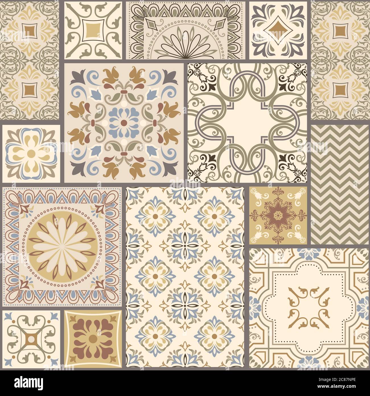 seamless patchwork tile with Victorian motives in retro colors. Vector ...