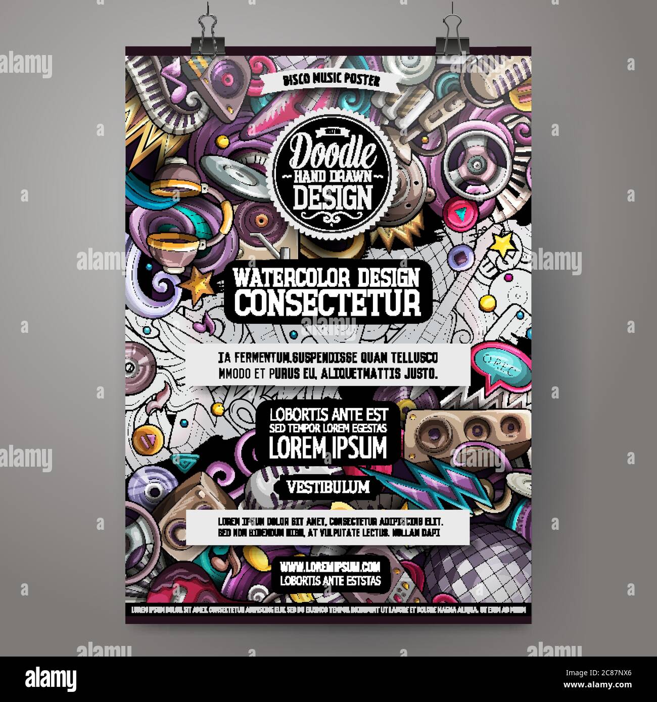 Cartoon hand drawn doodles Disco music poster design Stock Vector Image ...