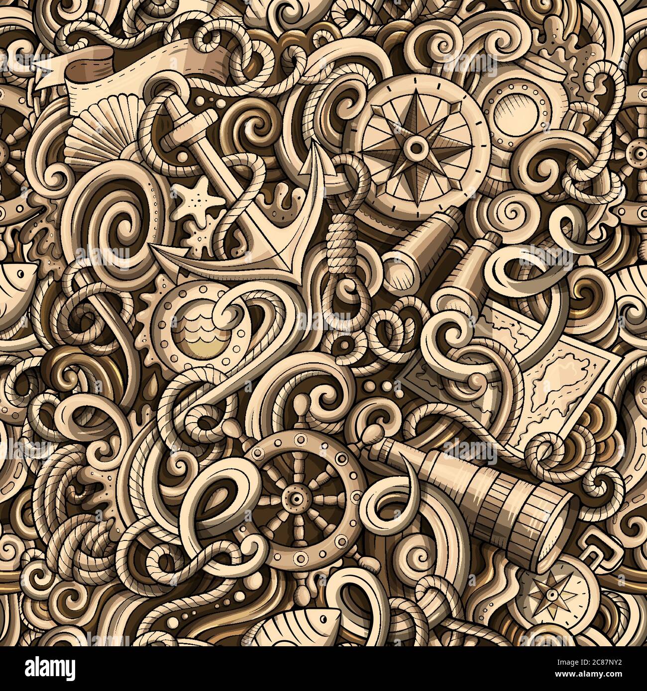 Cartoon hand-drawn nautical doodles seamless pattern Stock Vector Image & Art - Alamy