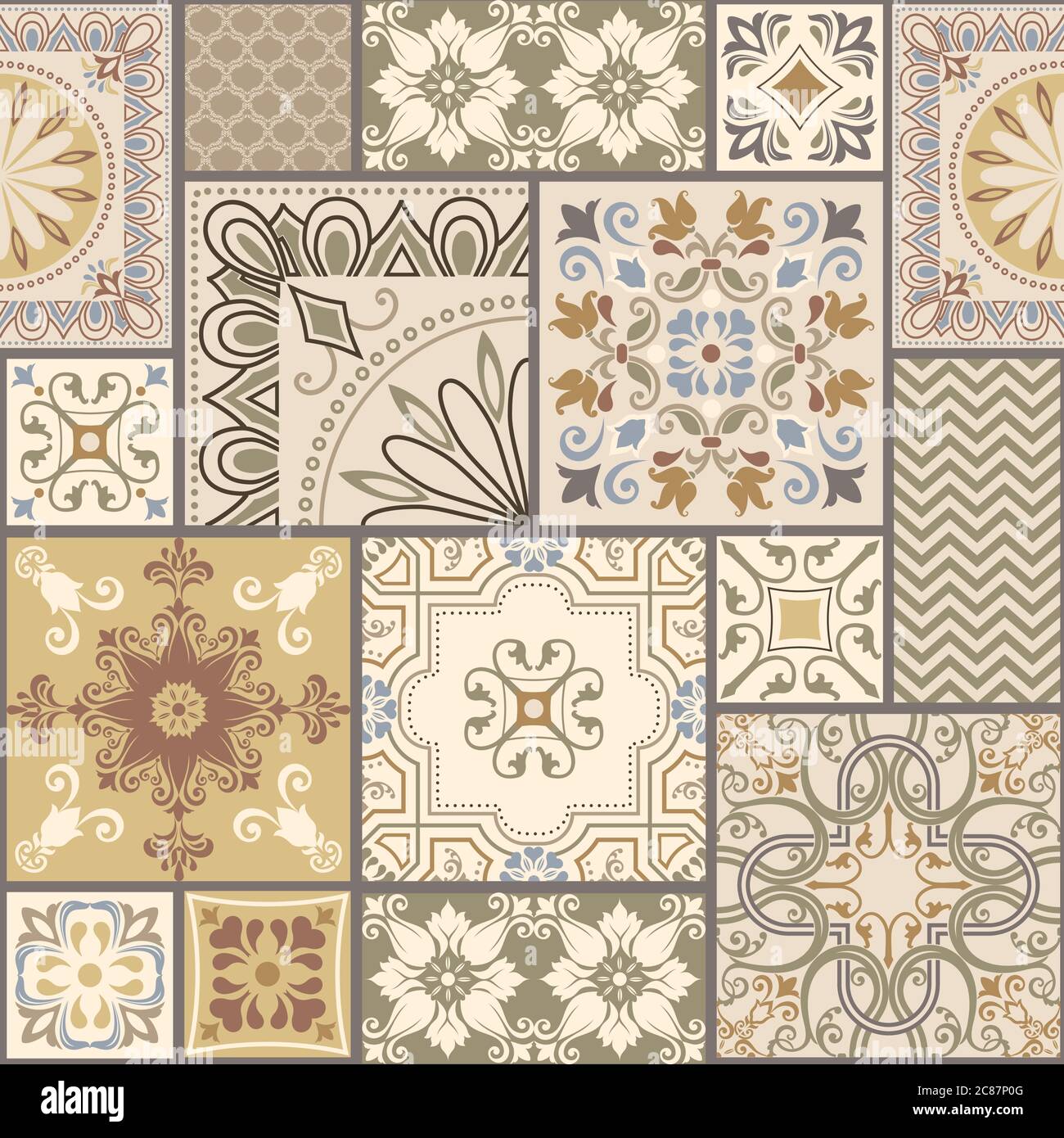 seamless patchwork tile with Victorian motives in retro colors. Vector ...