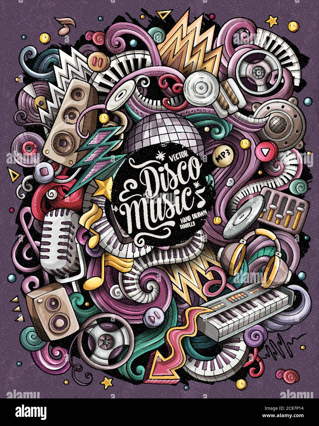 Cartoon vector doodles Disco music illustration. Bright colors musical ...