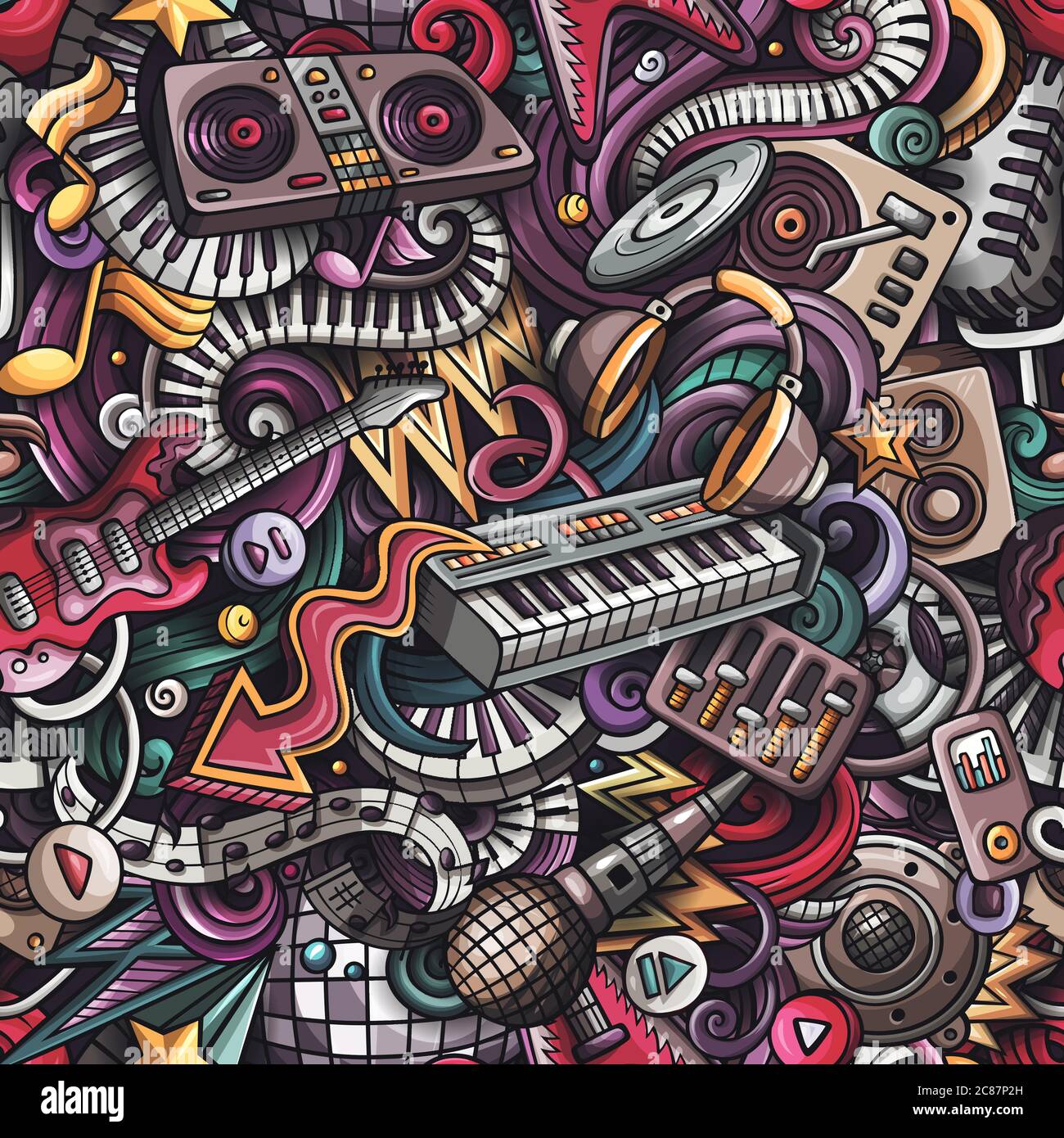 Cartoon cute doodles Disco music seamless pattern Stock Vector Image ...