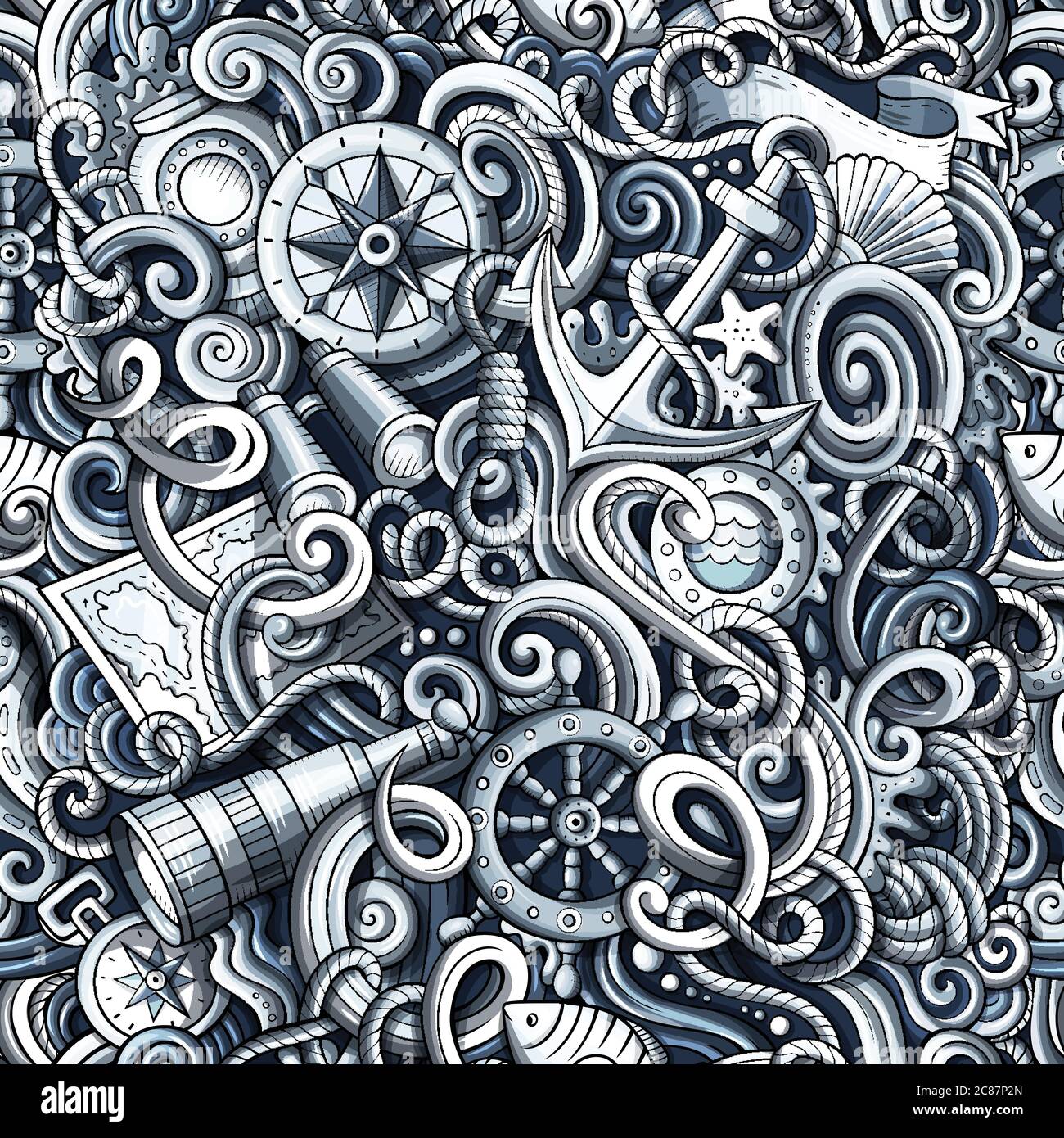 Cartoon hand-drawn nautical doodles seamless pattern Stock Vector Image ...