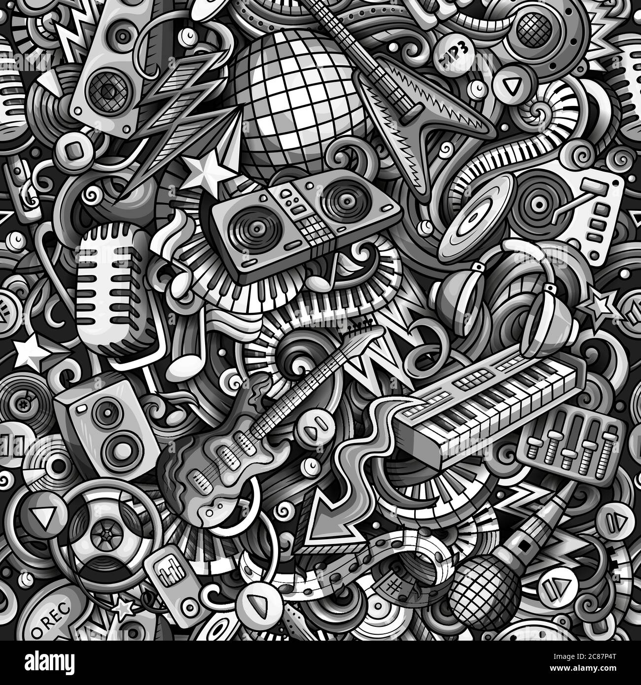 Cartoon cute doodles Disco music seamless pattern Stock Vector Image ...