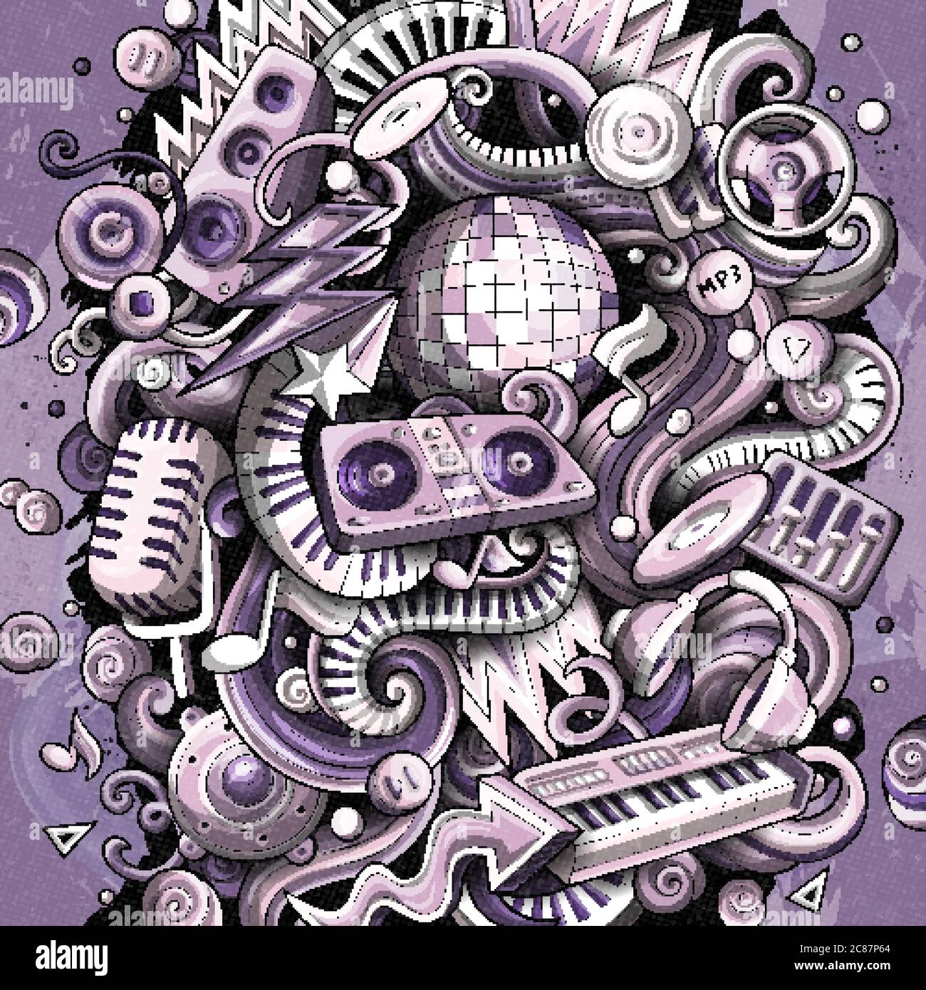 Cartoon vector doodles Disco music illustration. Toned musical funny ...