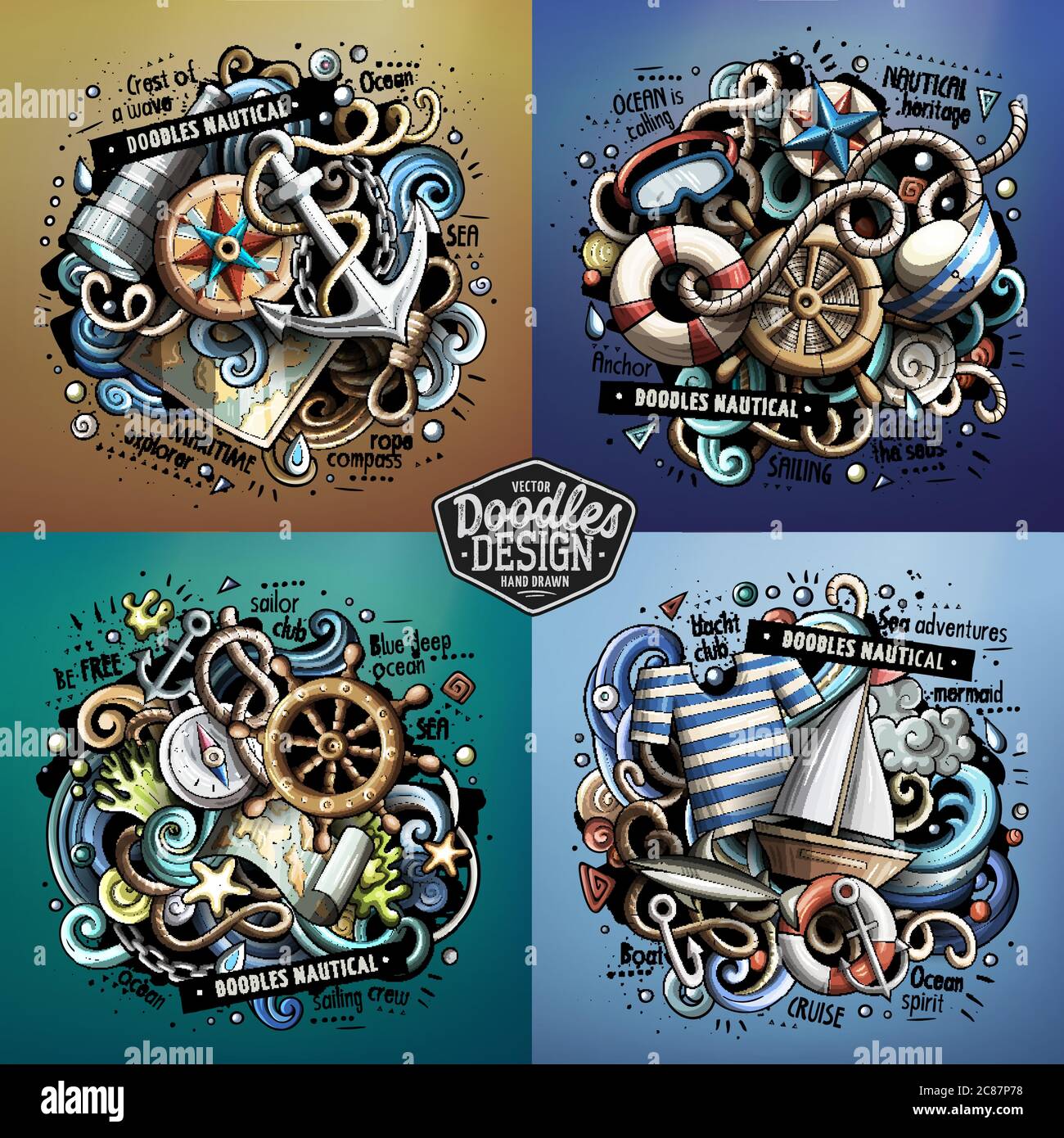 Nautical cartoon vector doodle illustrations Stock Vector Image & Art ...