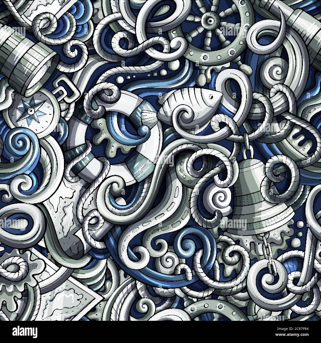 Cartoon hand-drawn nautical doodles seamless pattern Stock Vector Image ...