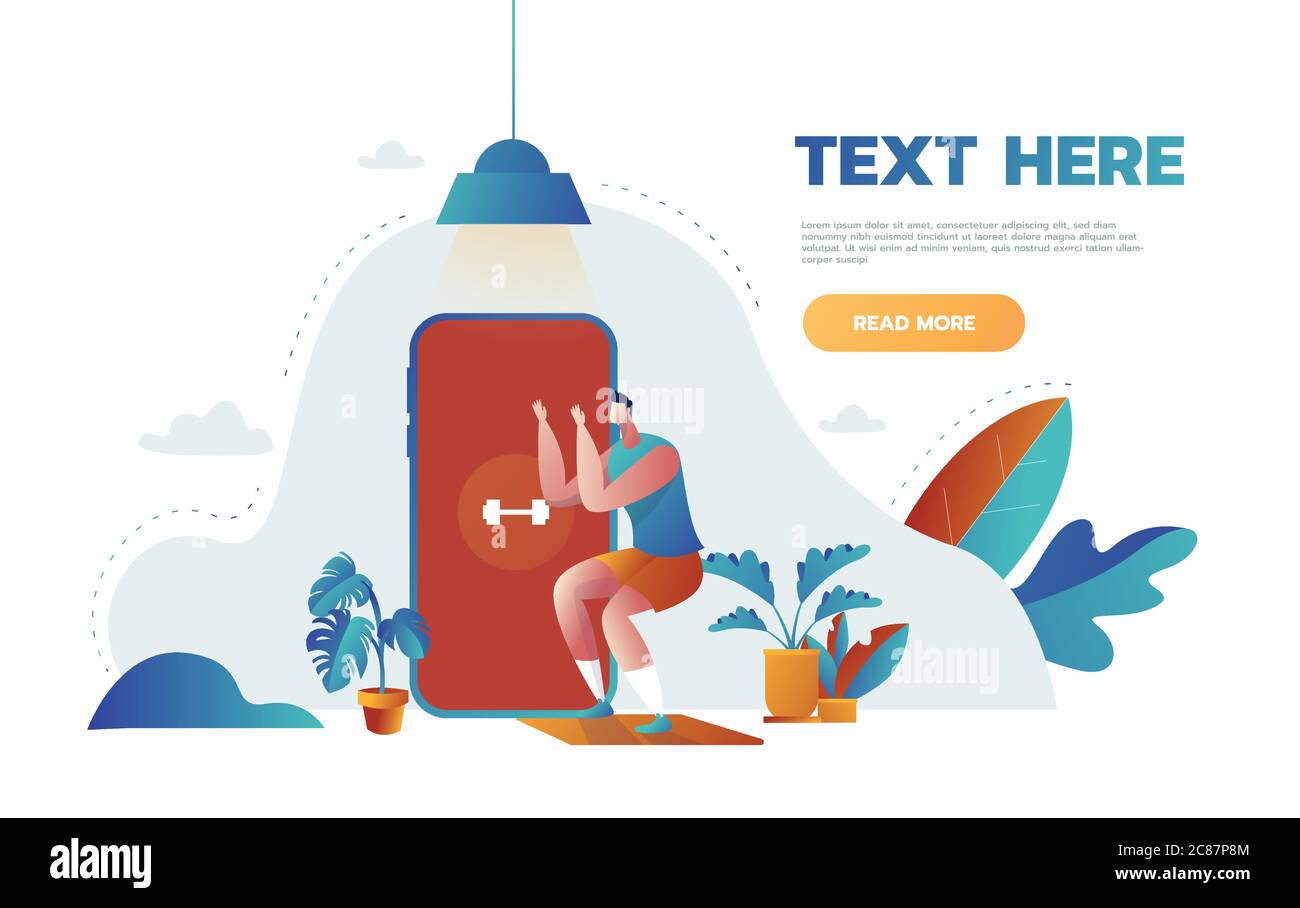 Fitness online course banner concept. Man doing fitness at home in ... Fitness online course banner concept. Man doing fitness at home in ...