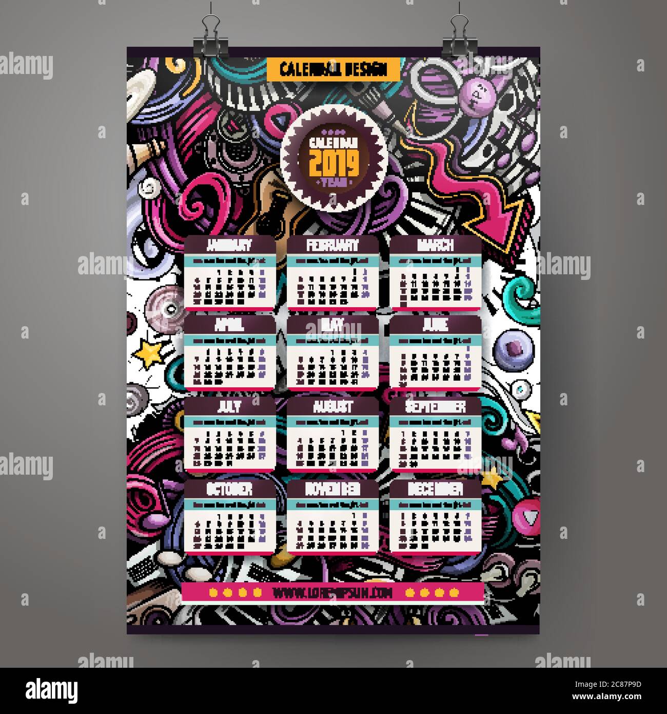 Cartoon colorful hand drawn doodles Musical 2019 year calendar template ...