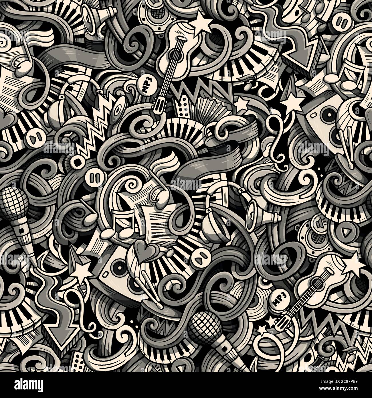 Cartoon hand drawn doodles Music seamless pattern Stock Vector Image ...