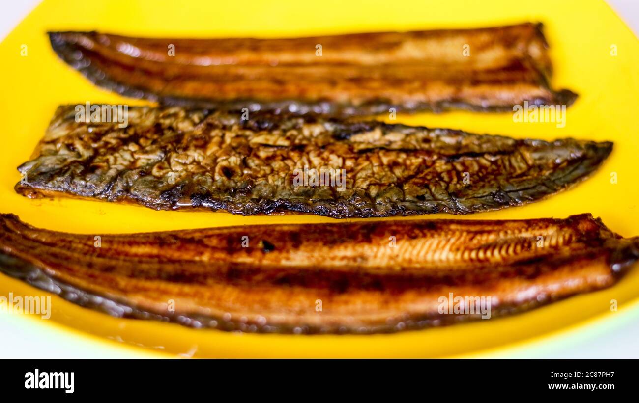 Eel fish or unagi on yellow plate with white background. Ready to cook ...