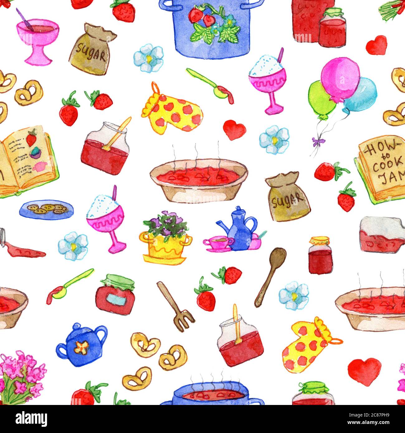Seamless pattern with lovely vintage kitchen objects. Cute hand drawn ...