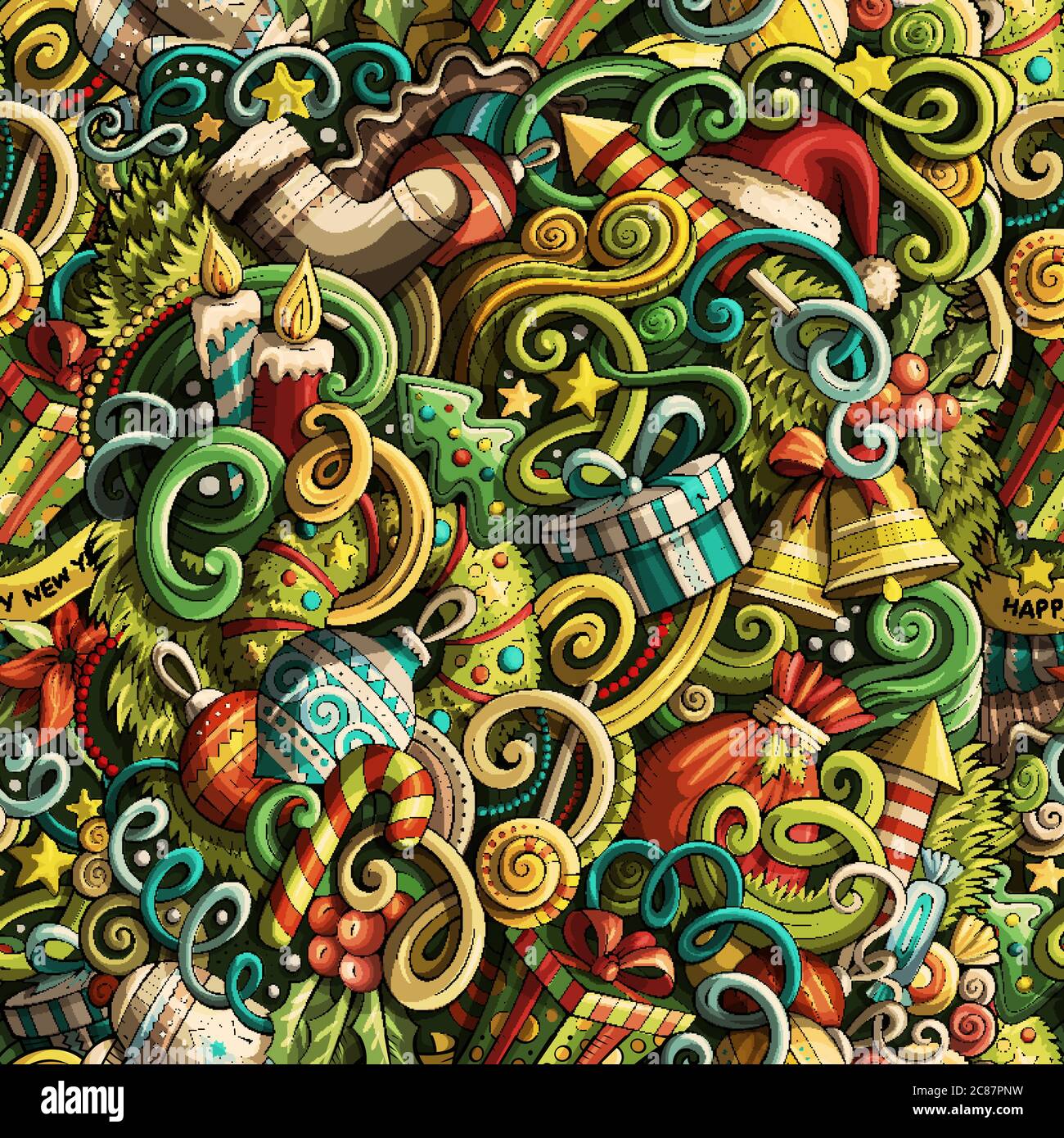 Cartoon cute doodles New Year seamless pattern Stock Vector Image & Art ...