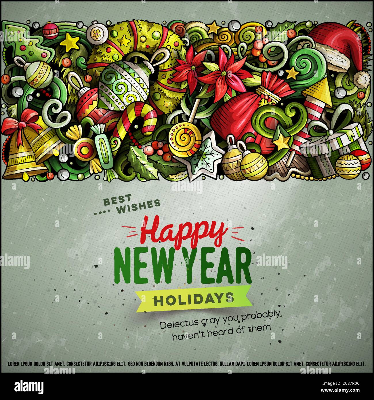 Cartoon vector doodles Merry Christmas horizontal stripe card design ...