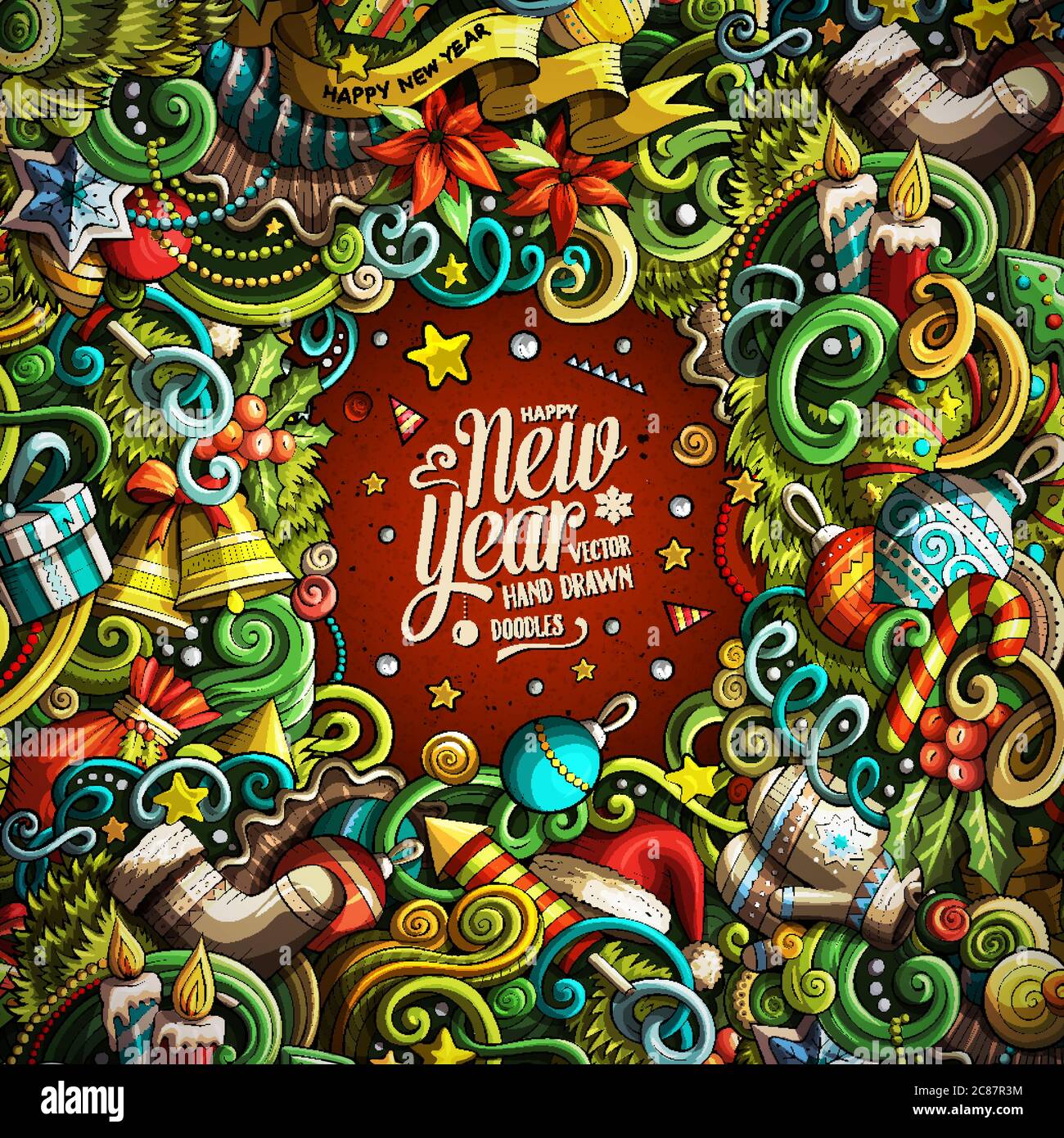 Cartoon cute doodles hand drawn Merry Christmas frame design Stock ...