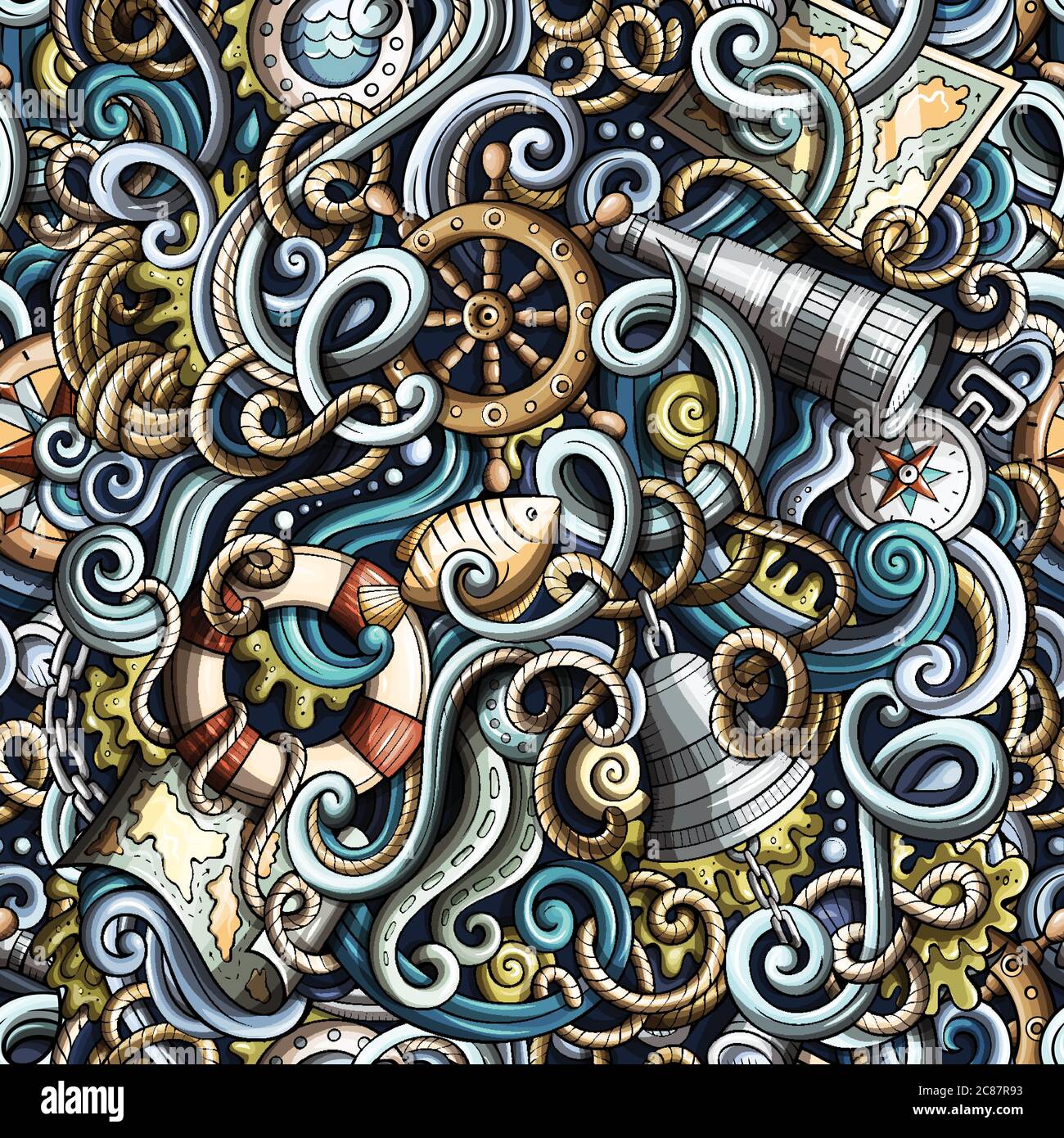 Cartoon hand-drawn nautical doodles seamless pattern Stock Vector Image ...