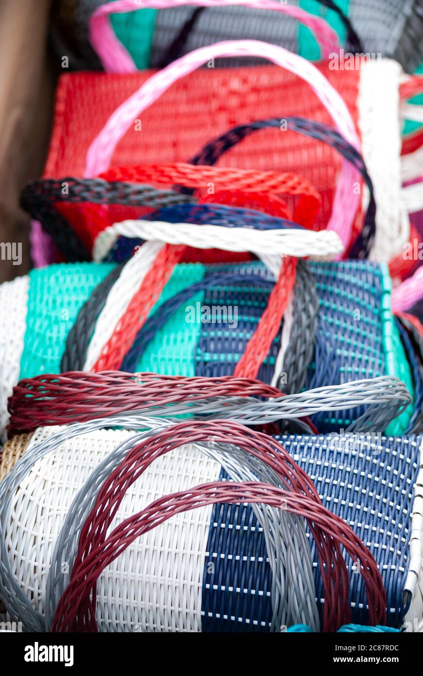 Group of recyclable and reusable plastic bags, informal market in ...