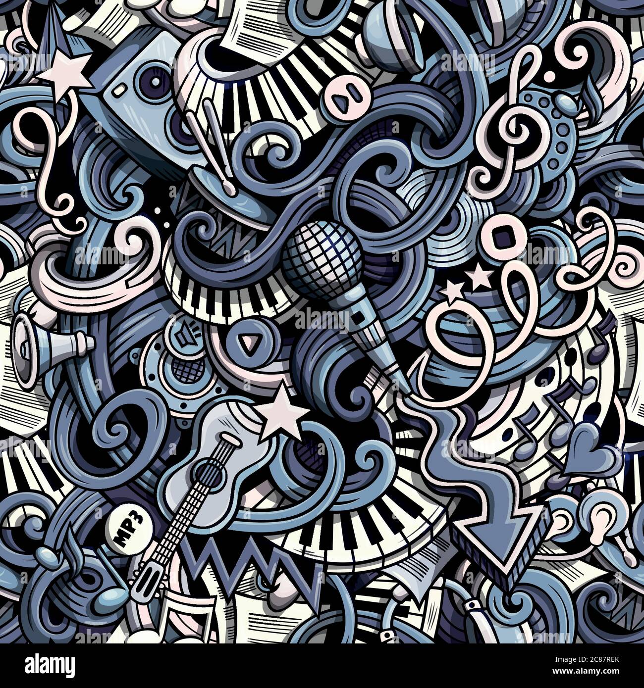 Cartoon hand drawn doodles Music seamless pattern Stock Vector Image ...