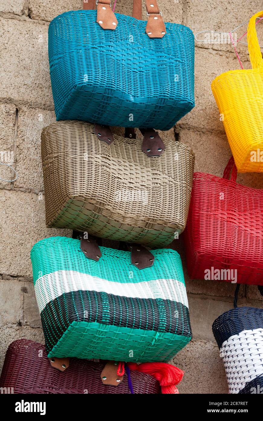 Group of recyclable and reusable plastic bags, informal market in ...