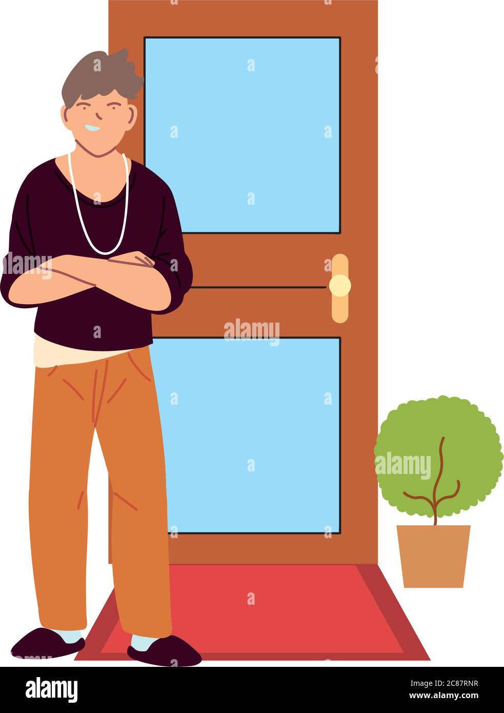 american man cartoon in front of door design, Male person people human ...
