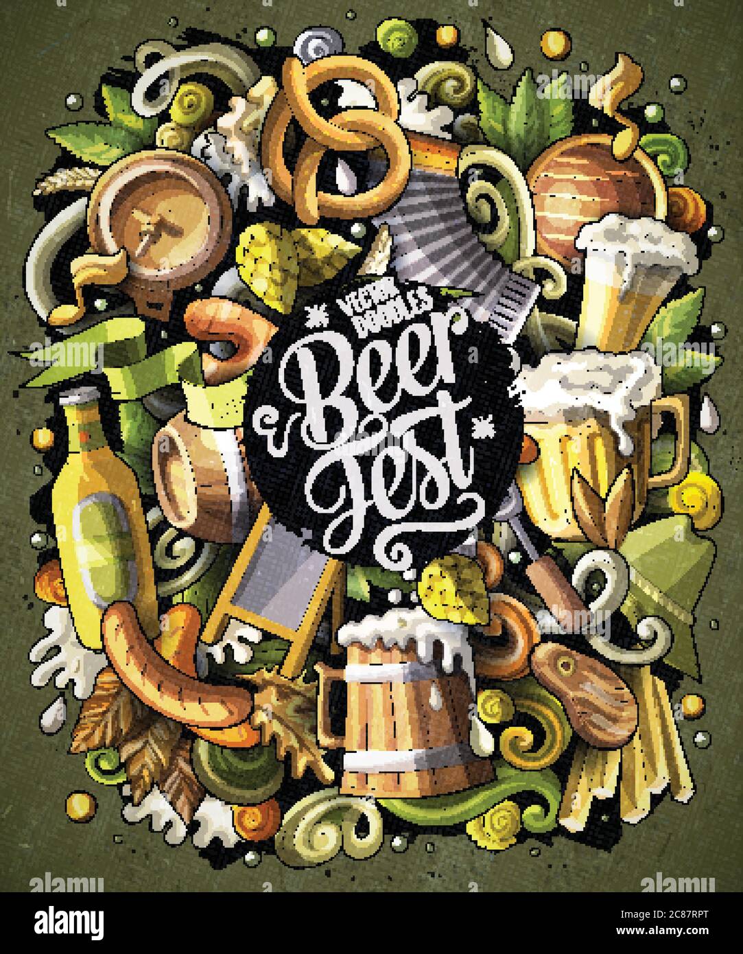 Cartoon vector doodles Beer fest illustration. Oktoberfest funny ...