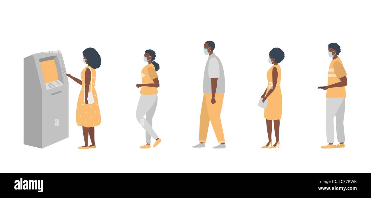 Black people in medical masks stand in line at the ATM. Queue during ...