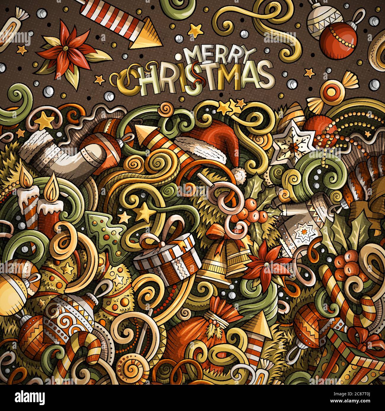 Cartoon cute doodles hand drawn Merry Christmas frame design Stock ...