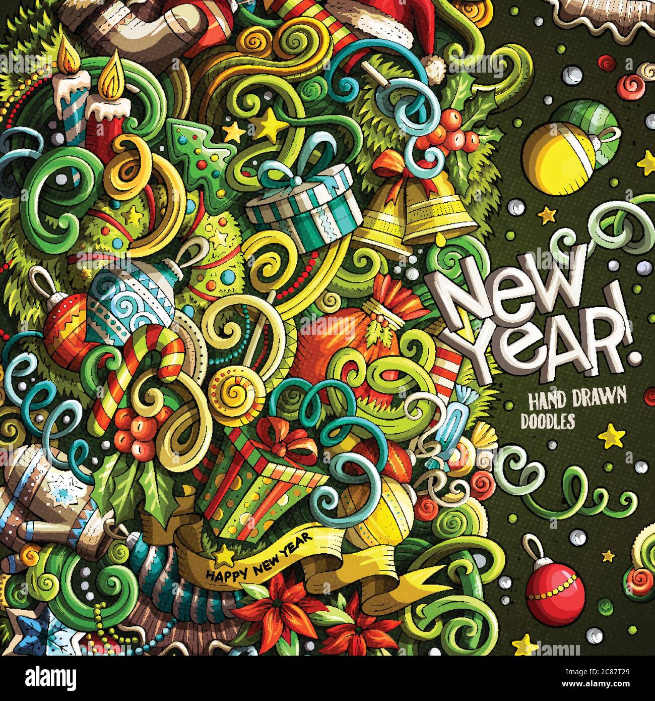 Cartoon cute doodles hand drawn Merry Christmas frame design Stock ...