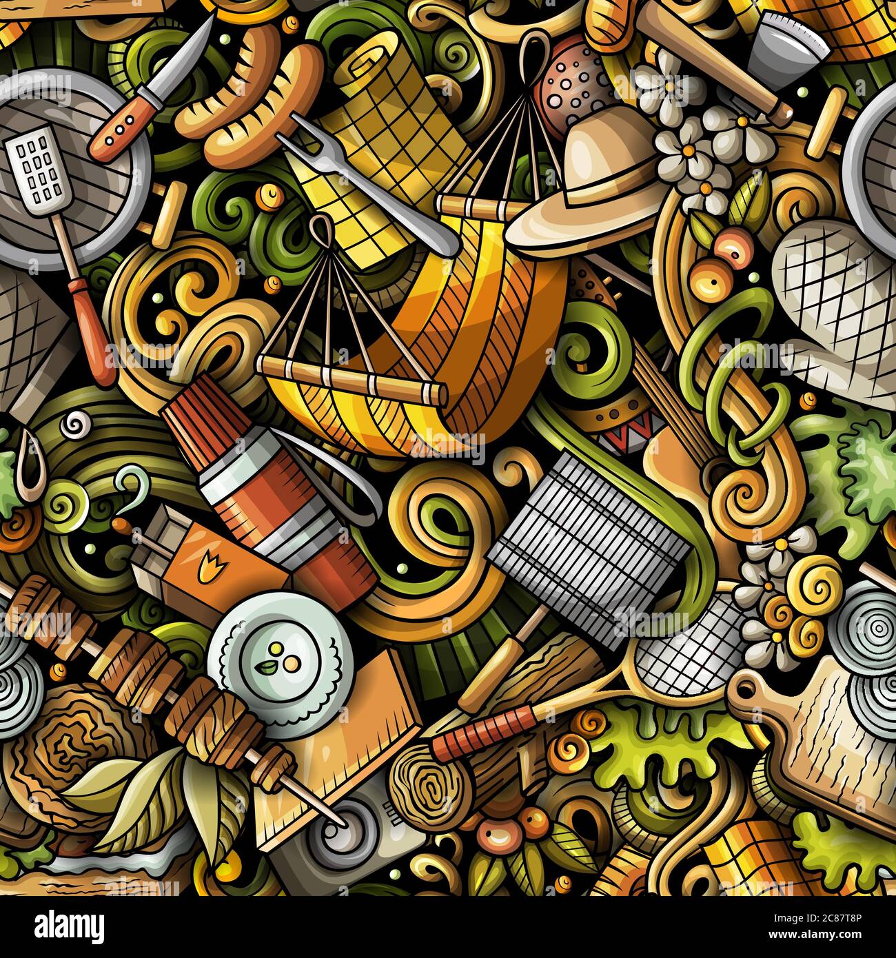 Picnic hand drawn doodles seamless pattern. BBQ background Stock Vector ...