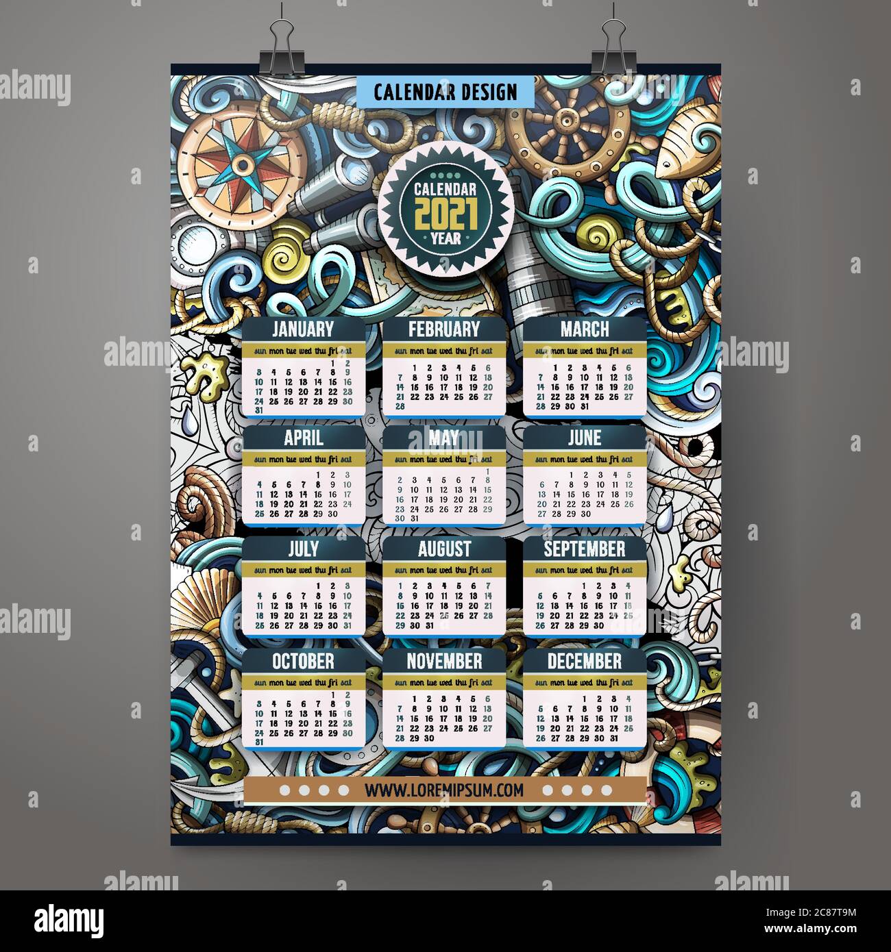 Cartoon colorful hand drawn doodles Nautical 2021 year calendar ...