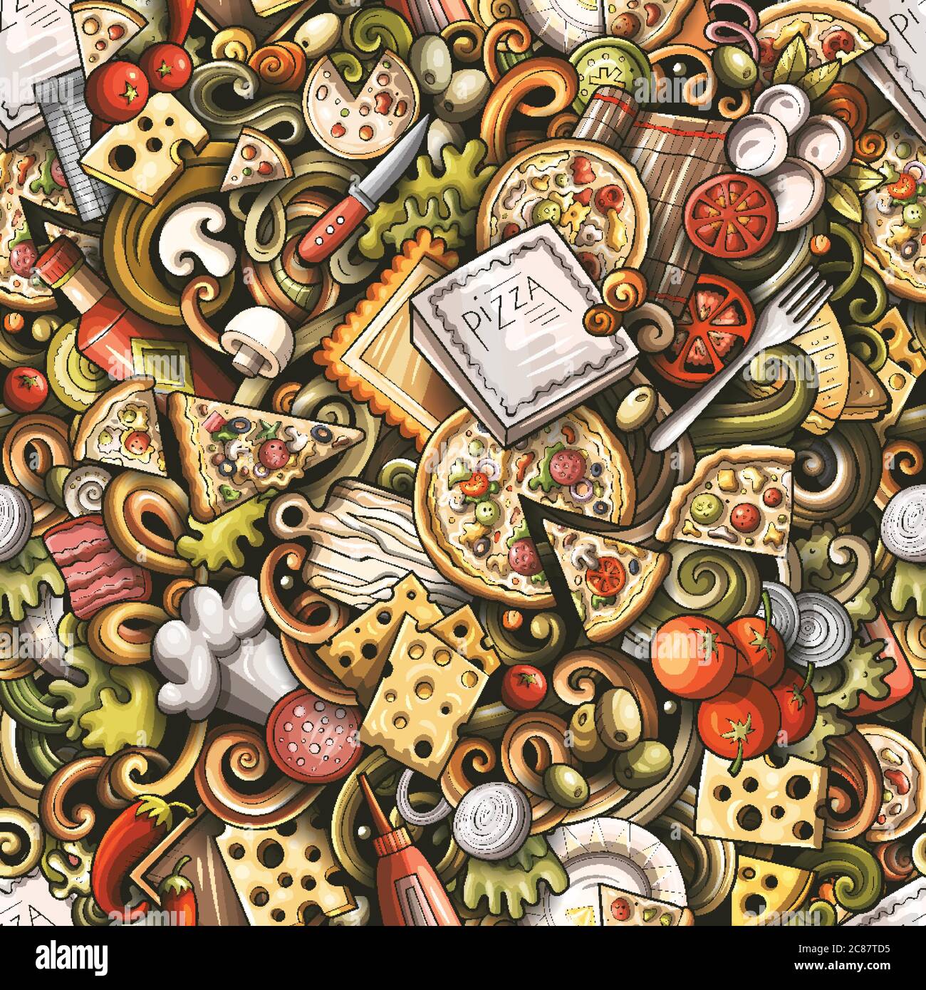 Cartoon cute doodles hand drawn Pizza seamless pattern Stock Vector ...